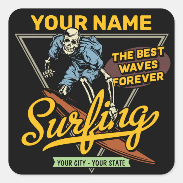 Personalized Surfing Skeleton Ride Waves Surfer Square Sticker | Zazzle