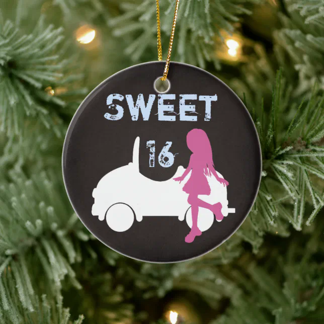 Personalized Sweet 16 Girl and Car ~ Pink, Blue Ceramic Ornament | Zazzle