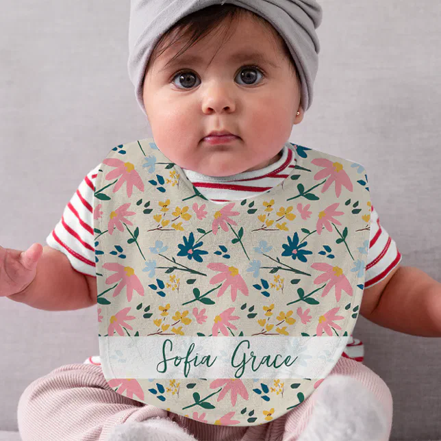 Personalized Sweet Girly Floral Pattern Design Baby Bib | Zazzle