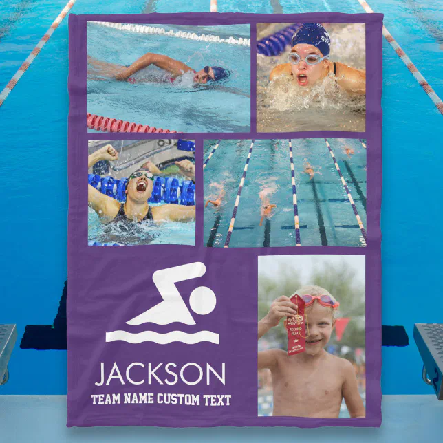 Personalized Swimming Photo Collage Swim Logo Fleece Blanket | Zazzle