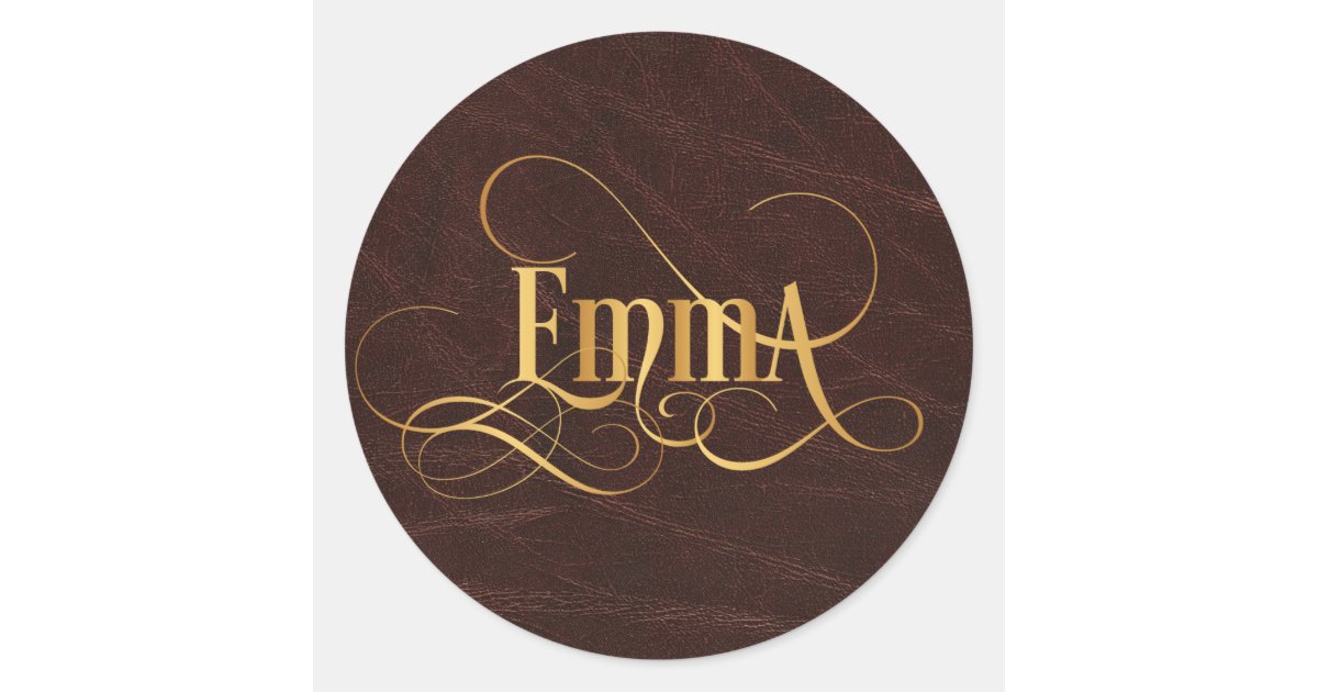 Personalized Swirly Script Emma Gold on Leather Classic Round Sticker ...