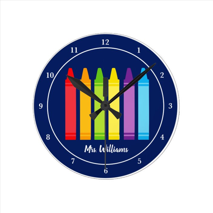 Personalized Teacher Cute Crayon Blue Classroom Round Clock | Zazzle.com