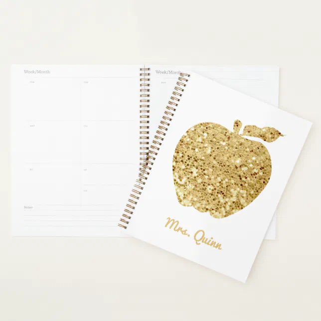 Personalized Teacher Gold Faux Sequin Apple Planner | Zazzle