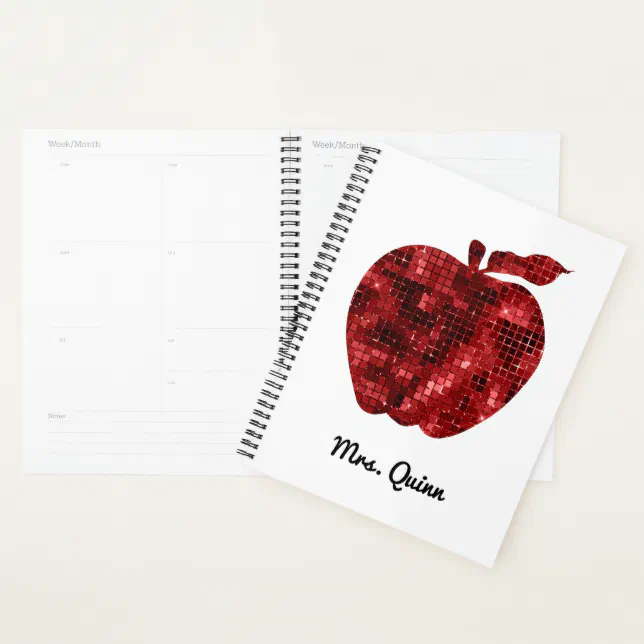 Personalized Teacher Red Faux Sequin Apple Planner | Zazzle