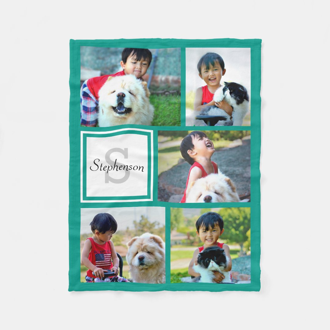Personalized Teal Blue Photo Collage Monogrammed Fleece Blanket | Zazzle