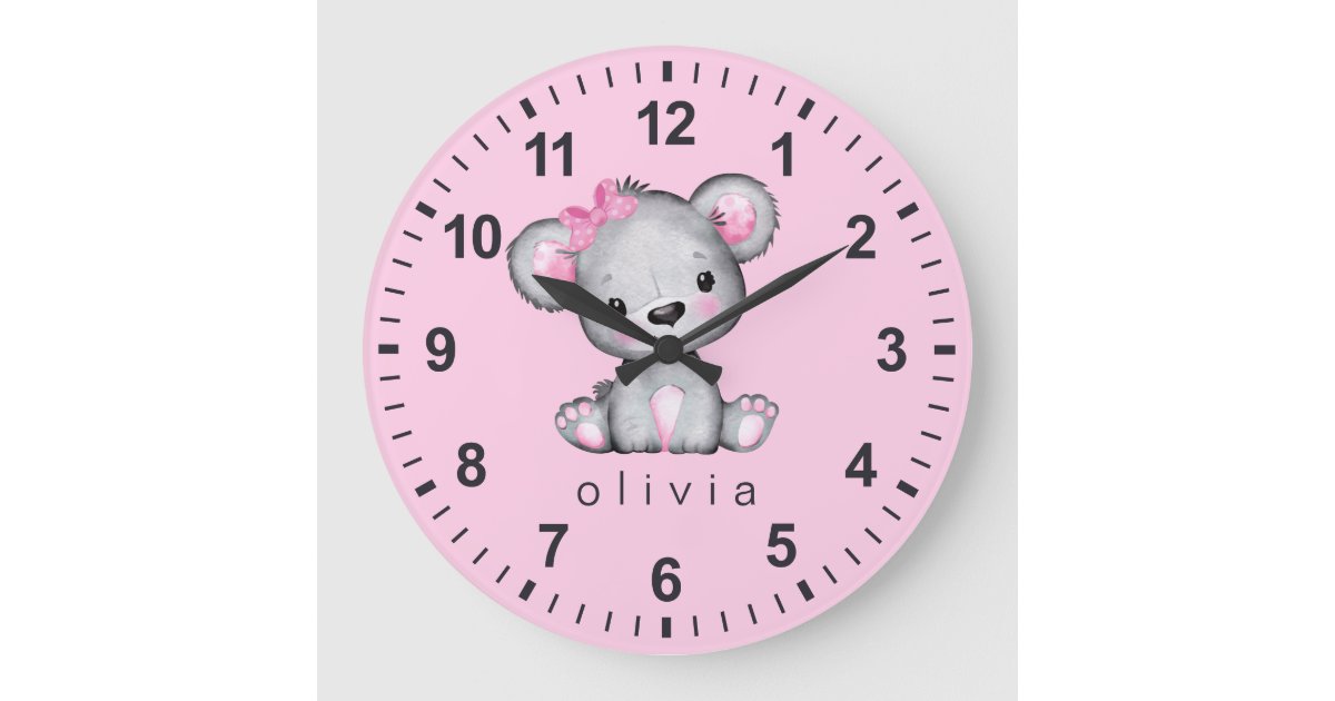 Personalized Teddy Bear Baby Girl Pink Large Clock | Zazzle