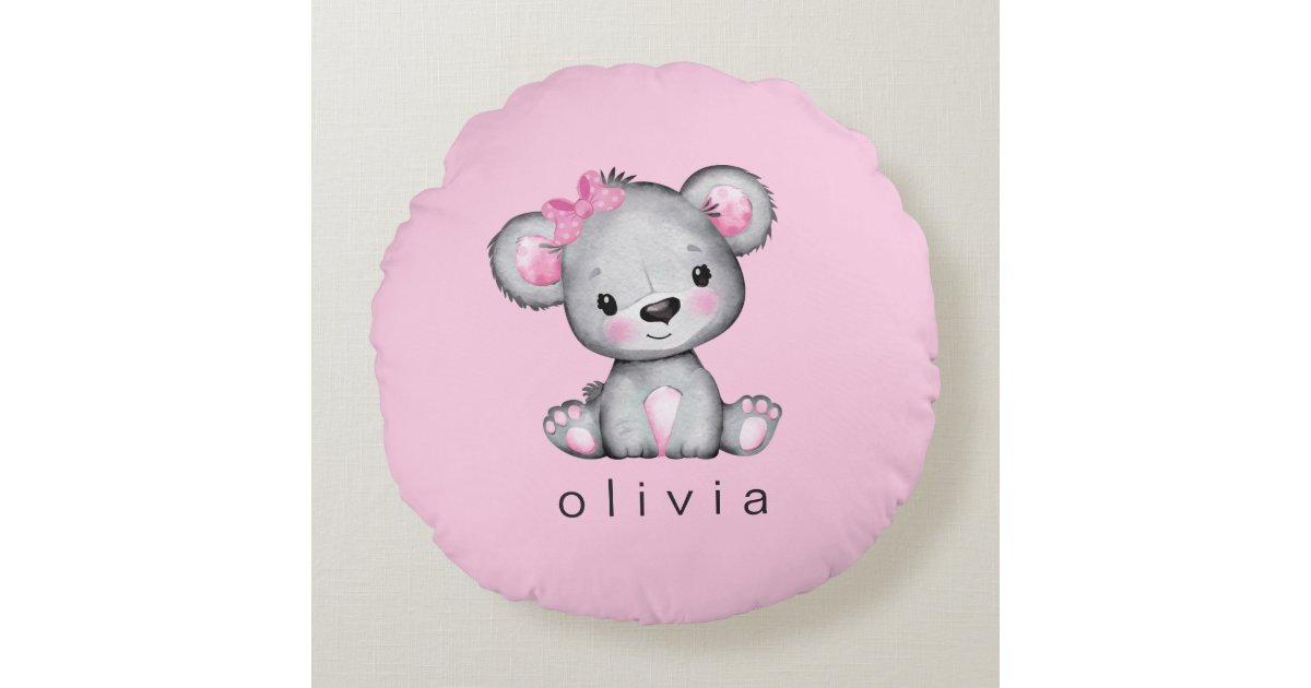 Personalized Teddy Bear Baby Girl Pink Round Pillow | Zazzle