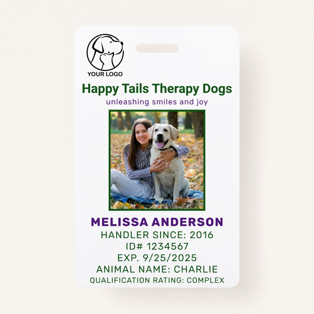 Personalized Therapy Animal Dog Photo ID Badge | Zazzle