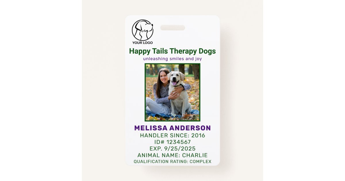 Personalized Therapy Animal Dog Photo ID Badge | Zazzle