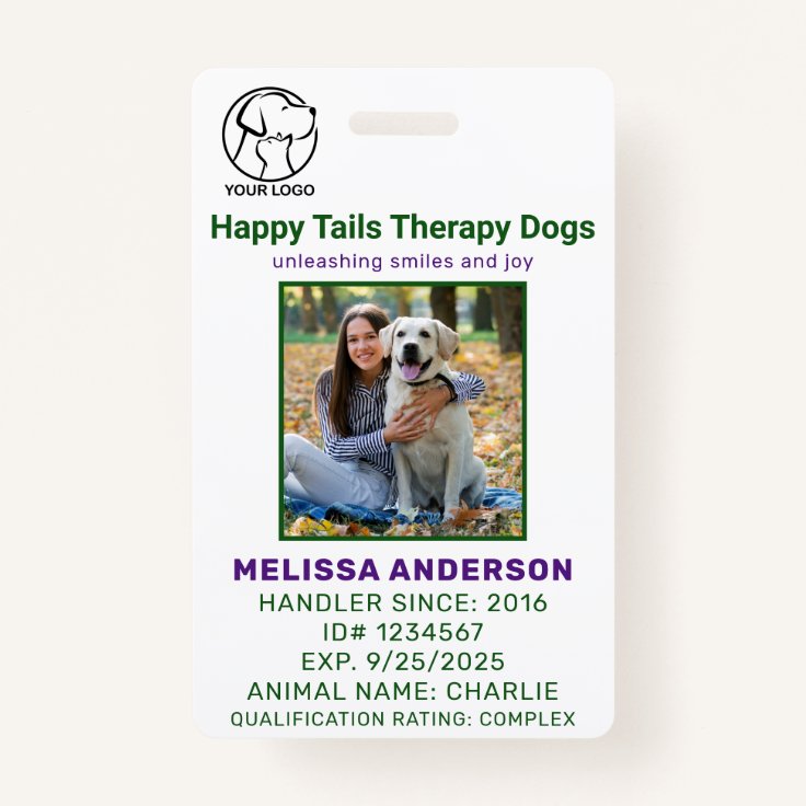 Personalized Therapy Animal Dog Photo ID Badge | Zazzle