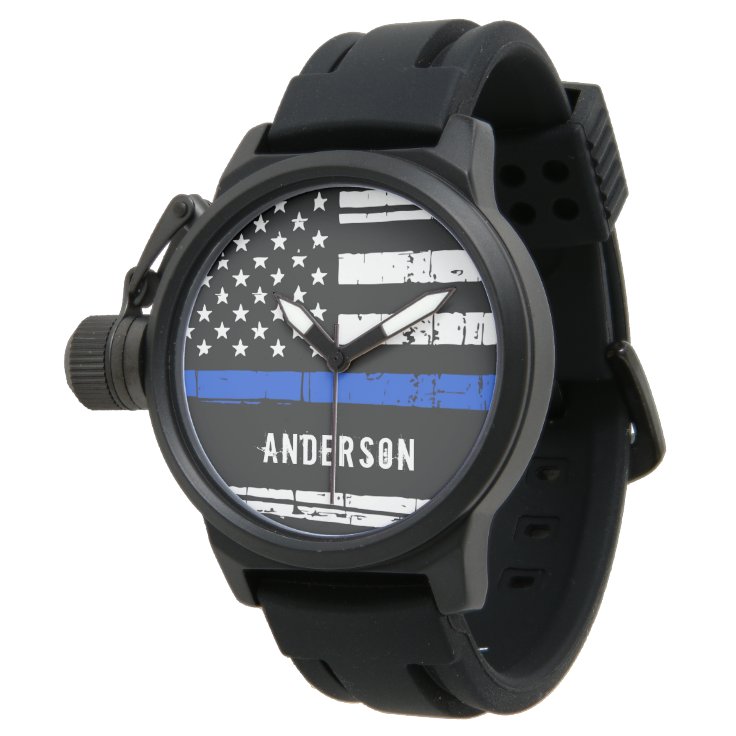 Personalized Thin Blue Line American Flag Police Watch | Zazzle