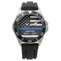 Personalized Thin Blue Line Badge Number Police Watch | Zazzle