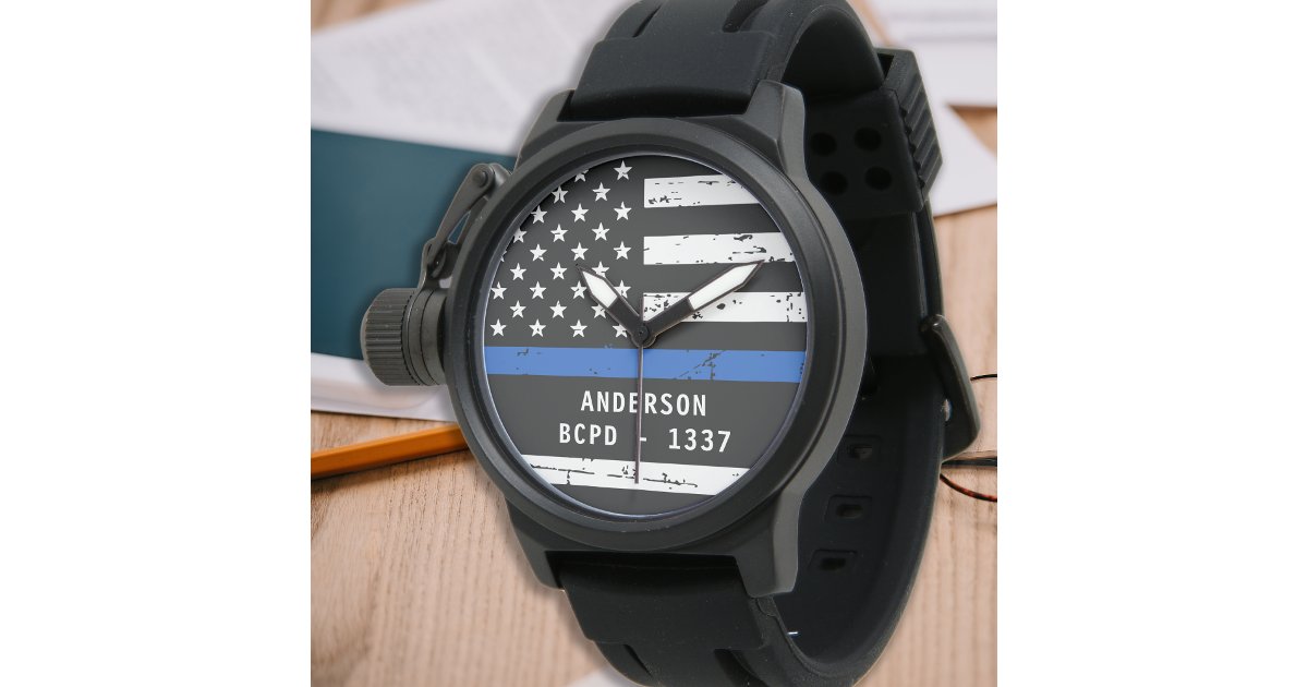 Personalized Thin Blue Line Badge Number Police Watch | Zazzle