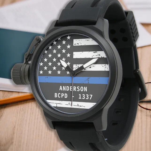 Personalized Thin Blue Line Badge Number Police Watch | Zazzle
