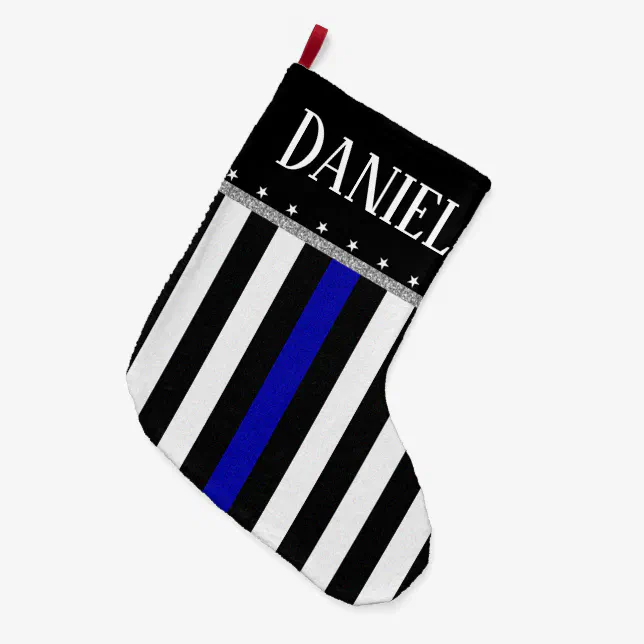 Personalized Thin Blue Line Police Flag Large Christmas Stocking | Zazzle