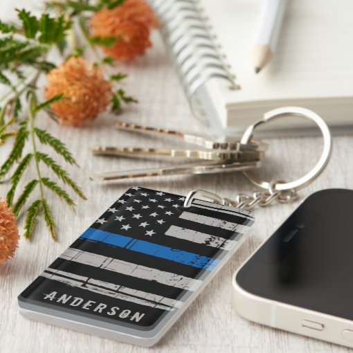 Personalized Thin Blue Line Police Keychain | Zazzle