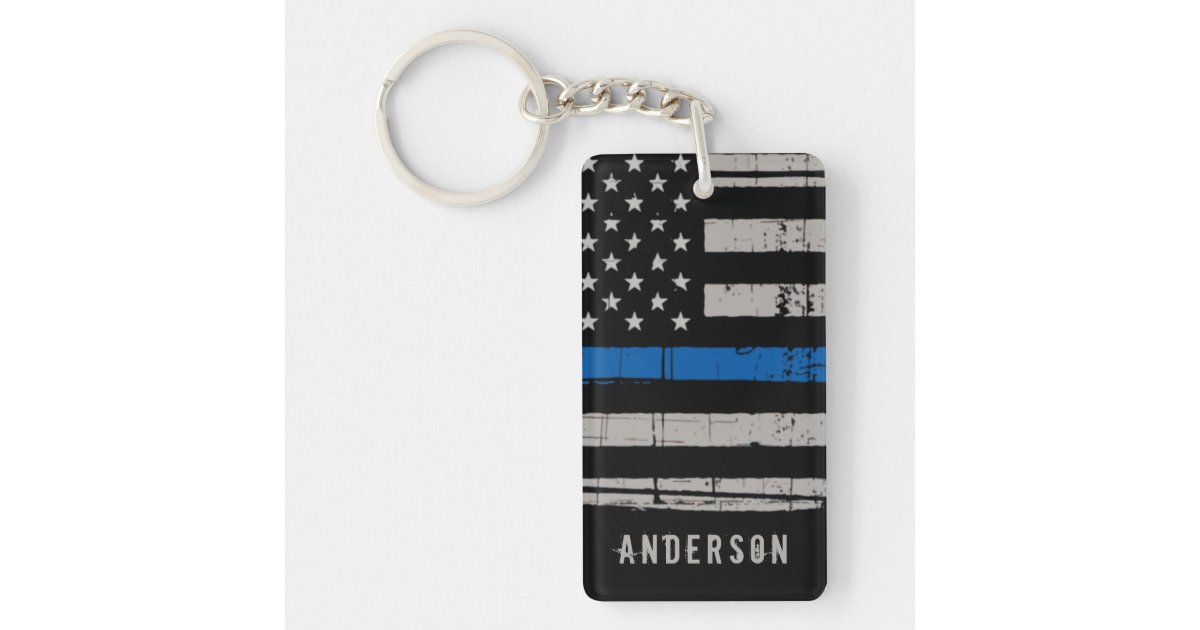 Personalized Thin Blue Line Police Keychain | Zazzle