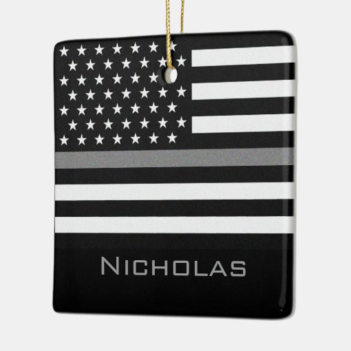Personalized Thin Gray Line Flag Ceramic Ornament | Zazzle