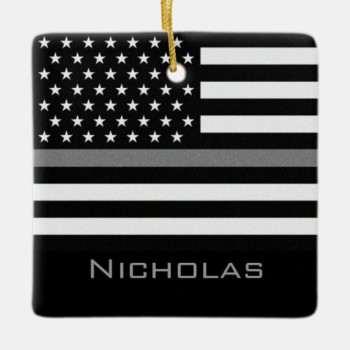 Personalized Thin Gray Line Flag Ceramic Ornament | Zazzle