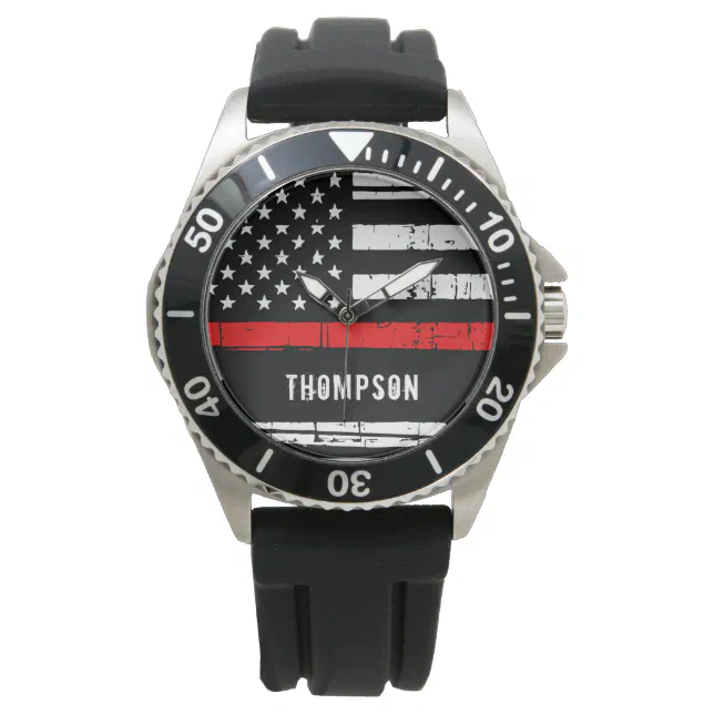 Personalized Thin Red Line Flag Firefighter Watch | Zazzle