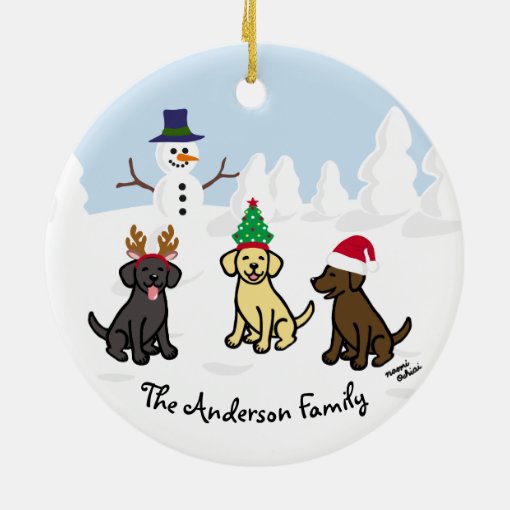 Personalized Three Labradors and Snowman Ceramic Ornament | Zazzle