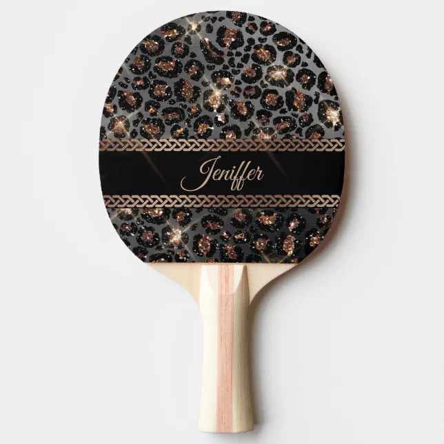 Personalized Trendy Leopard Black Gold Glitter Ping Pong Paddle | Zazzle