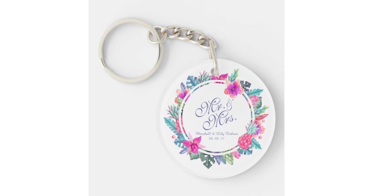 Personalized Tropical Floral Wedding Keychain | Zazzle