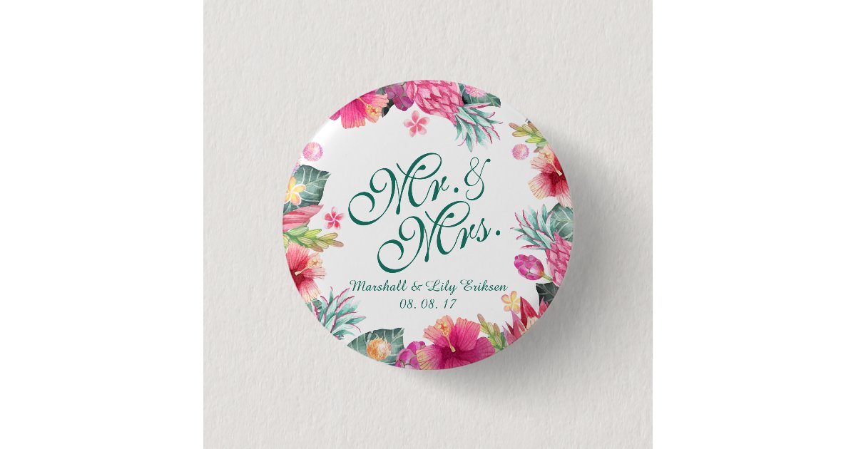 Personalized Tropical Floral Wedding Pin Button | Zazzle