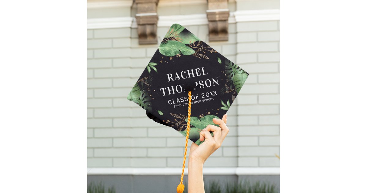 Personalized Tropical Greenery & Gold Graduate Graduation Cap Topper ...