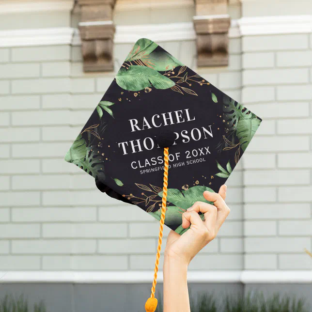 Personalized Tropical Greenery & Gold Graduate Graduation Cap Topper ...