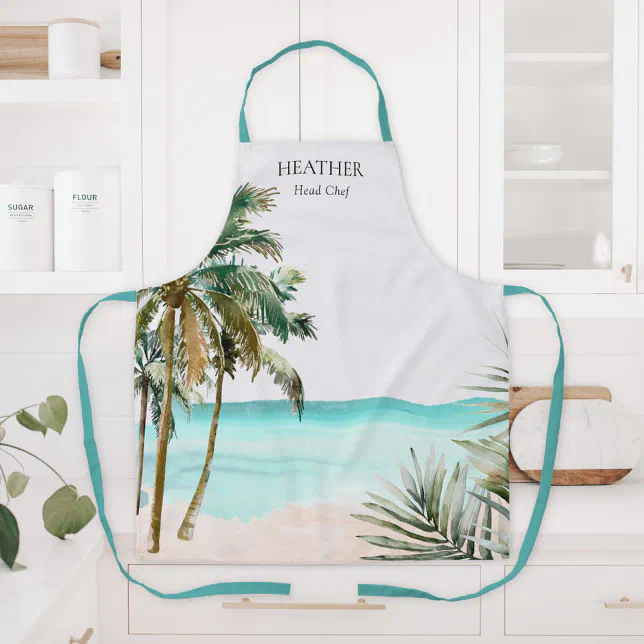 Personalized Tropical Palm Tree Leaves Blue Beach Apron | Zazzle