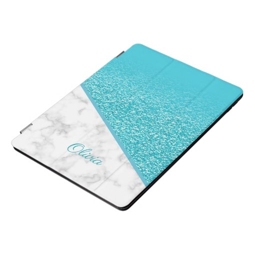 Personalized Turquoise Glitter - White Marble iPad Pro Cover | Zazzle