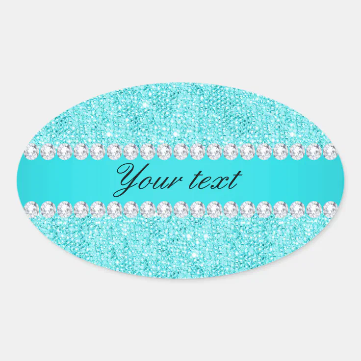 Personalized Turquoise Sequins and Diamonds Oval Sticker | Zazzle
