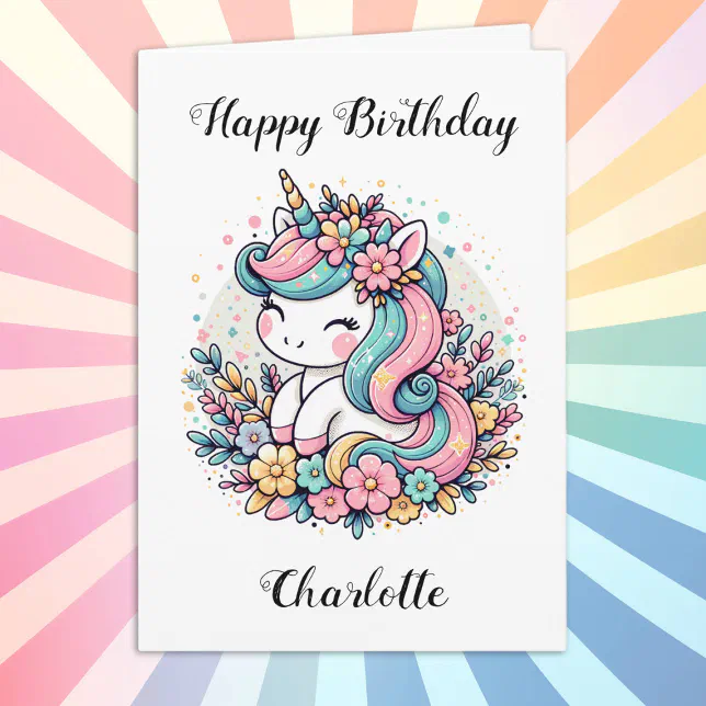 Personalized Unicorn and Flowers Girl's Birthday Card | Zazzle