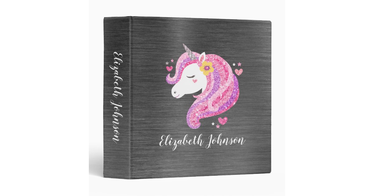 Personalized Unicorn Face pink Glitter 3 Ring Binder | Zazzle
