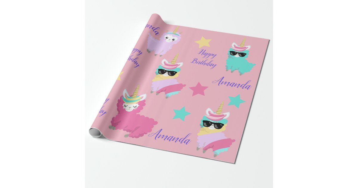 Personalized Unicorn Llama Happy Birthday Wrapping Paper | Zazzle