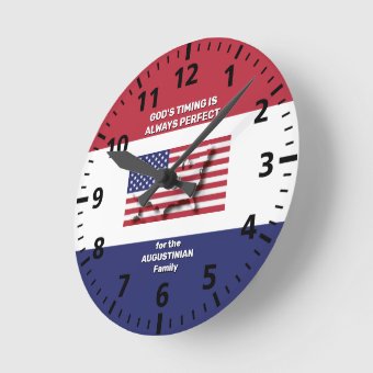 Personalized USA FLAG MAP Gods Timing Christian Round Clock | Zazzle