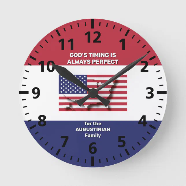 Personalized USA FLAG MAP Gods Timing Christian Round Clock | Zazzle