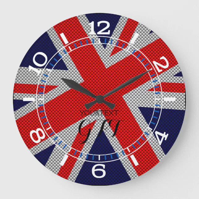 Personalized Vibrant Union Jack on Carbon Style Large Clock | Zazzle