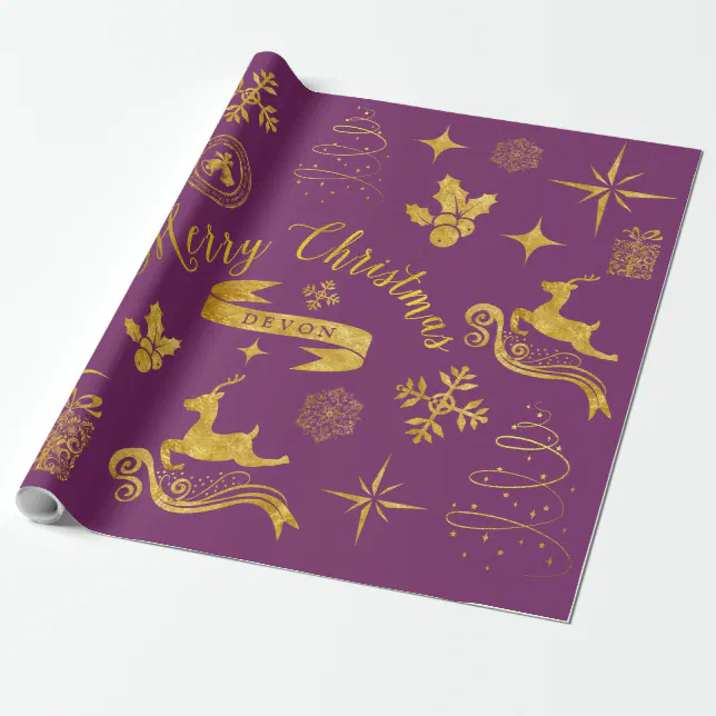 Personalized Vintage Gold & Purple Christmas Wrap Wrapping Paper | Zazzle