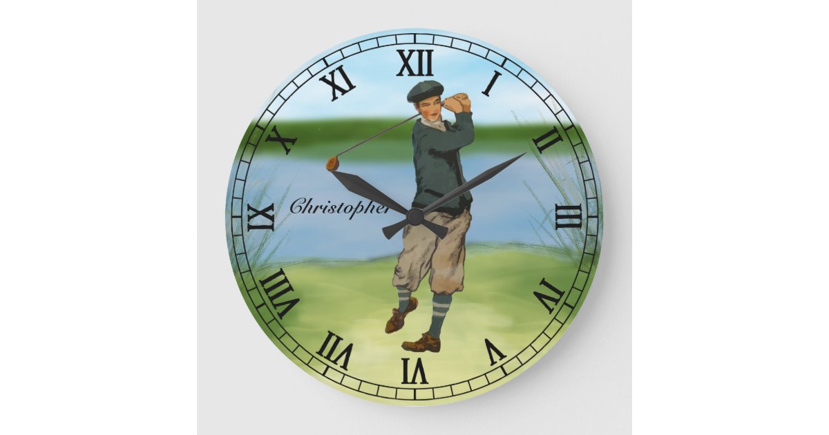 Personalized Vintage look Golfer Golf swing Large Clock | Zazzle