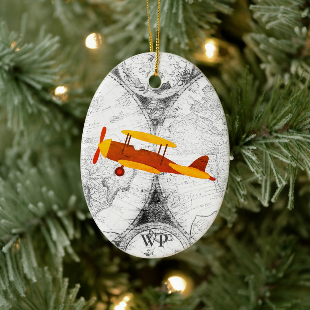 Personalized Vintage Map and Airplane Ceramic Ornament | Zazzle