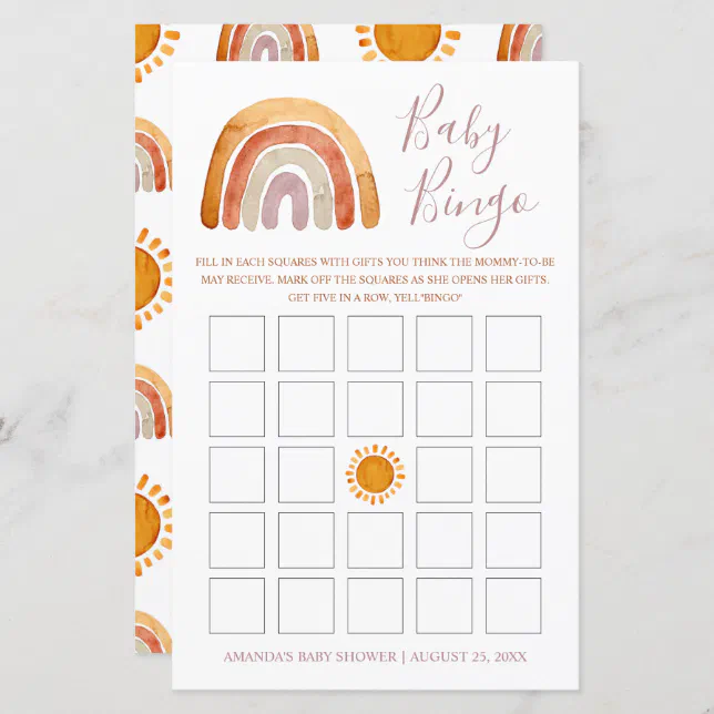 Personalized Watercolor Boho Rainbow Baby Bingo | Zazzle