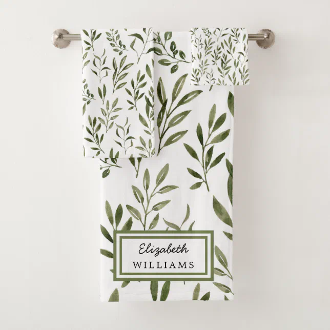 Personalized Watercolor Greenery Leaves Bath Towel Set | Zazzle