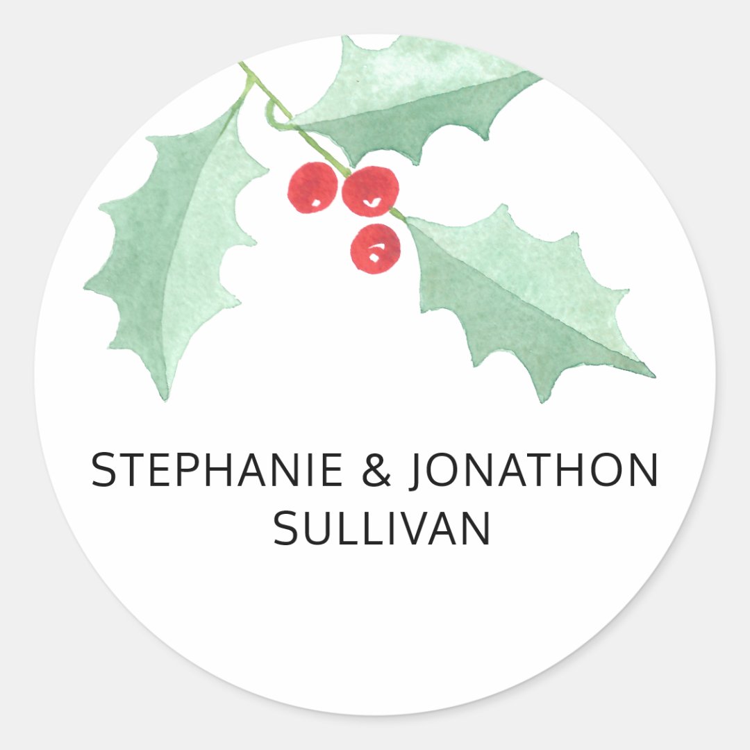 Personalized Watercolor Holly Classic Round Sticker | Zazzle