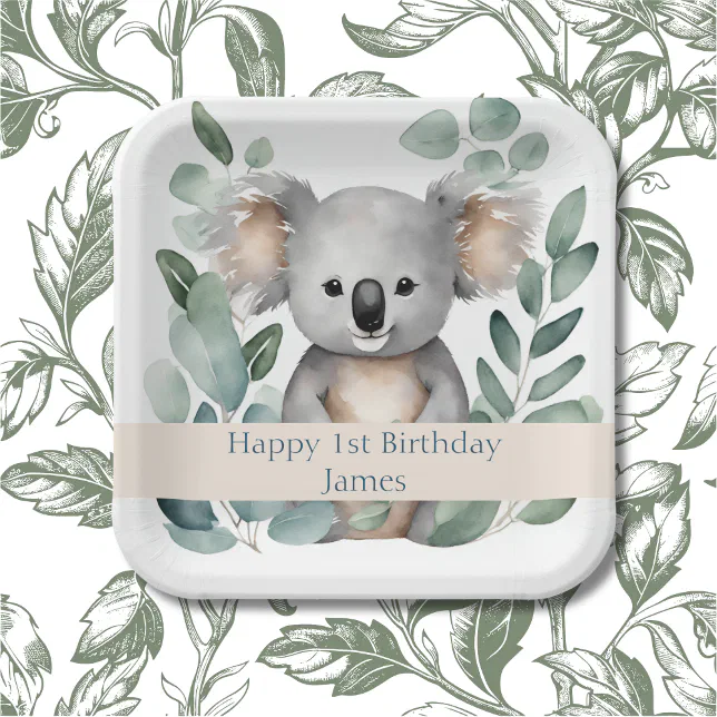 Personalized Watercolor Koala Bear Birthday Paper Plates | Zazzle