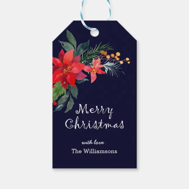 Personalized Watercolor Merry Christmas Poinsettia Gift Tags | Zazzle