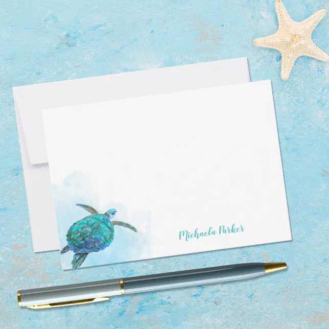 Personalized Watercolor Ocean Sea Turtle Note Card | Zazzle