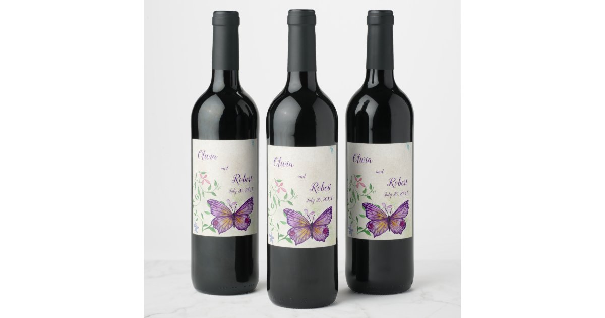 Personalized watercolor purple butterfly wine label | Zazzle