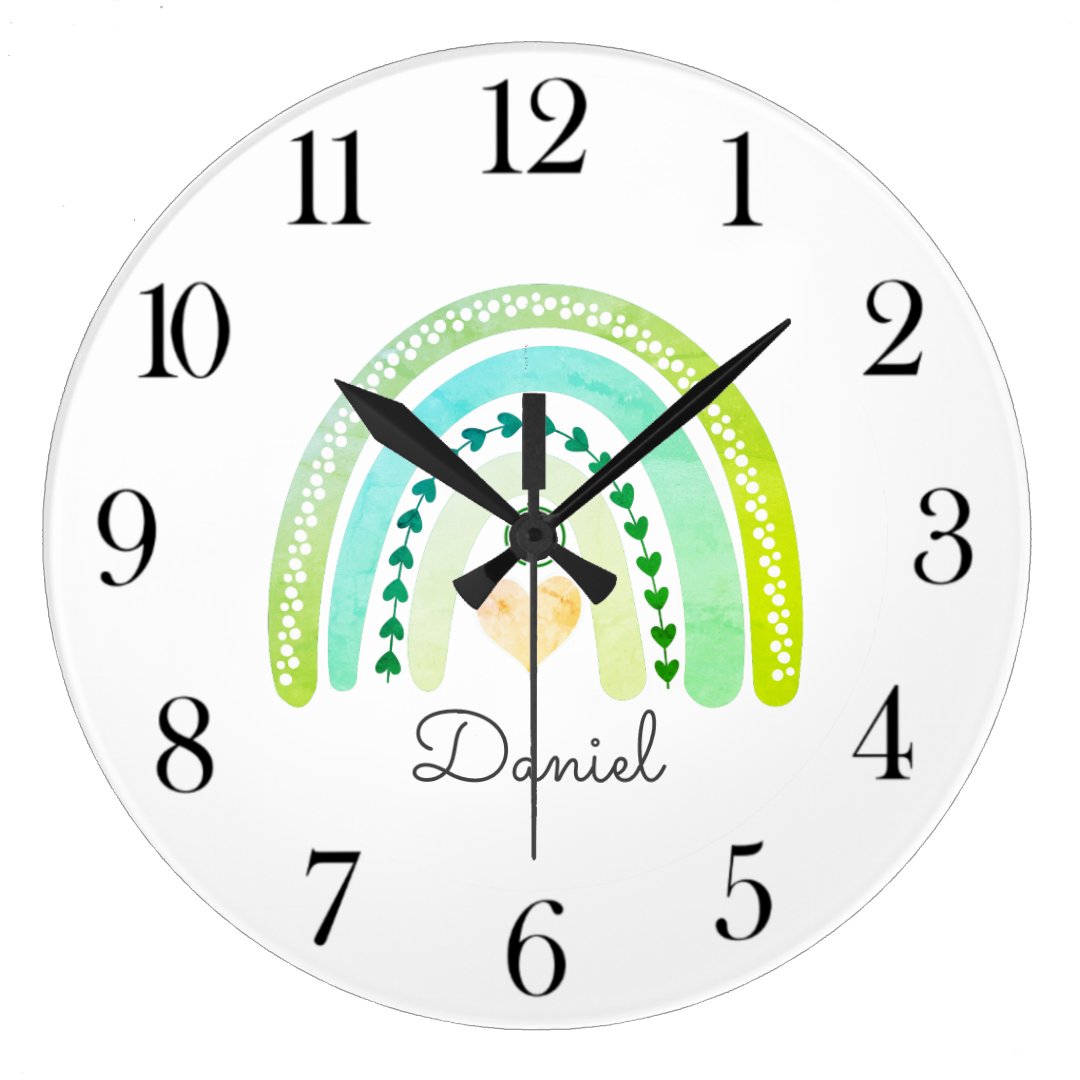 Personalized Watercolor Rainbow Boho Nursery Large Clock | Zazzle